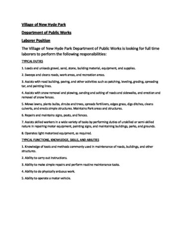 Village of New Hyde Park DPW laborer position | Village of New Hyde ...